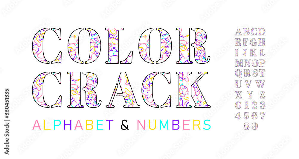 Set of colorful font letters and numbers with decorative сracked ...