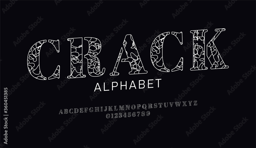 Set of font letters and numbers with decorative сracked surface. Broken ...