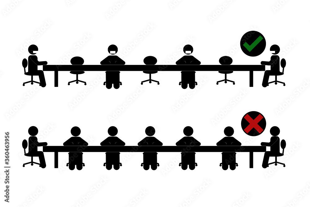 Stick figures wearing face mask and keep social distancing in meeting ...