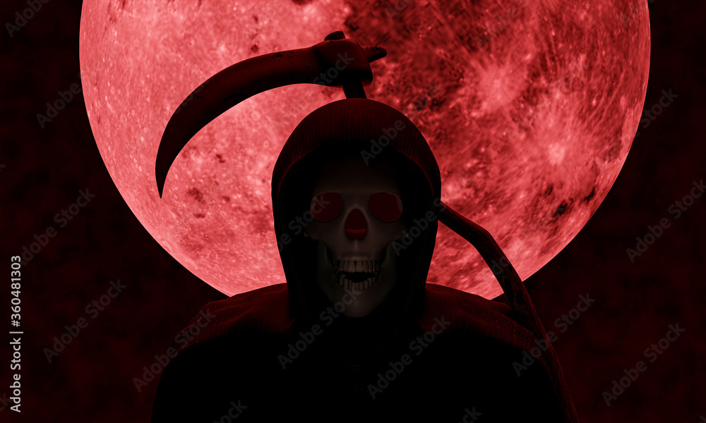The satanic skull in a black hooded hat with a sickle is a weapon. The ...