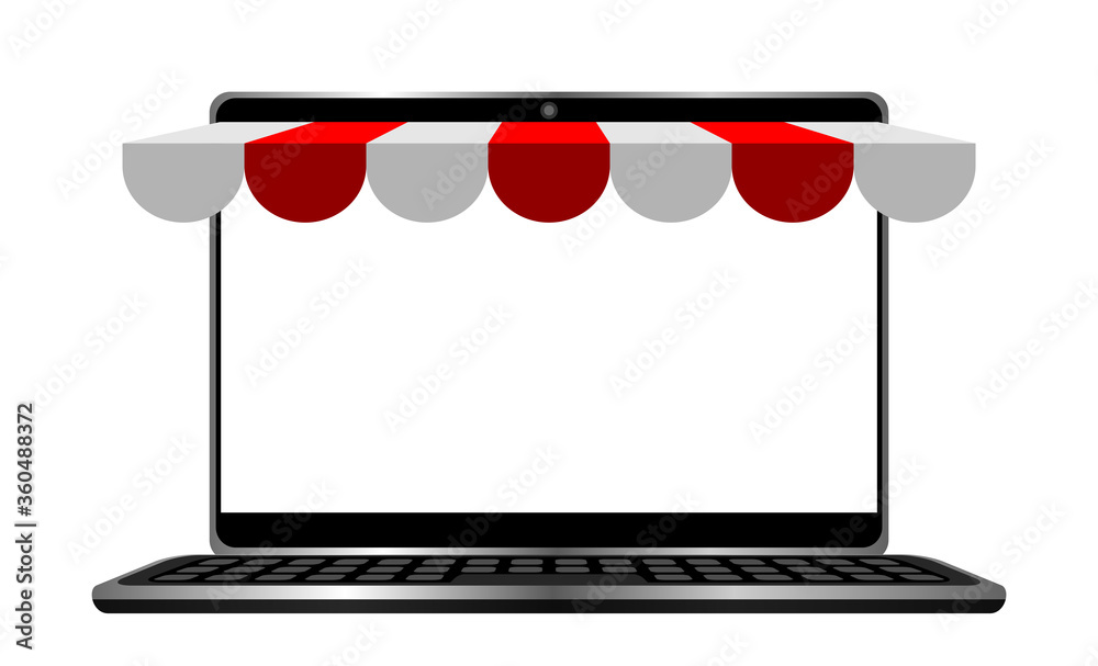 notebook screen with red awning roof, storefront shop in online ...