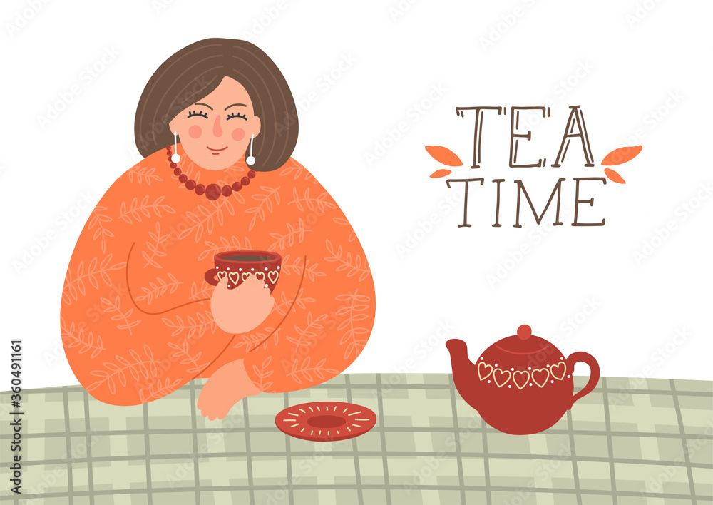 Tea time. Woman drinks tea. Cute girl sits at the table and having a ...