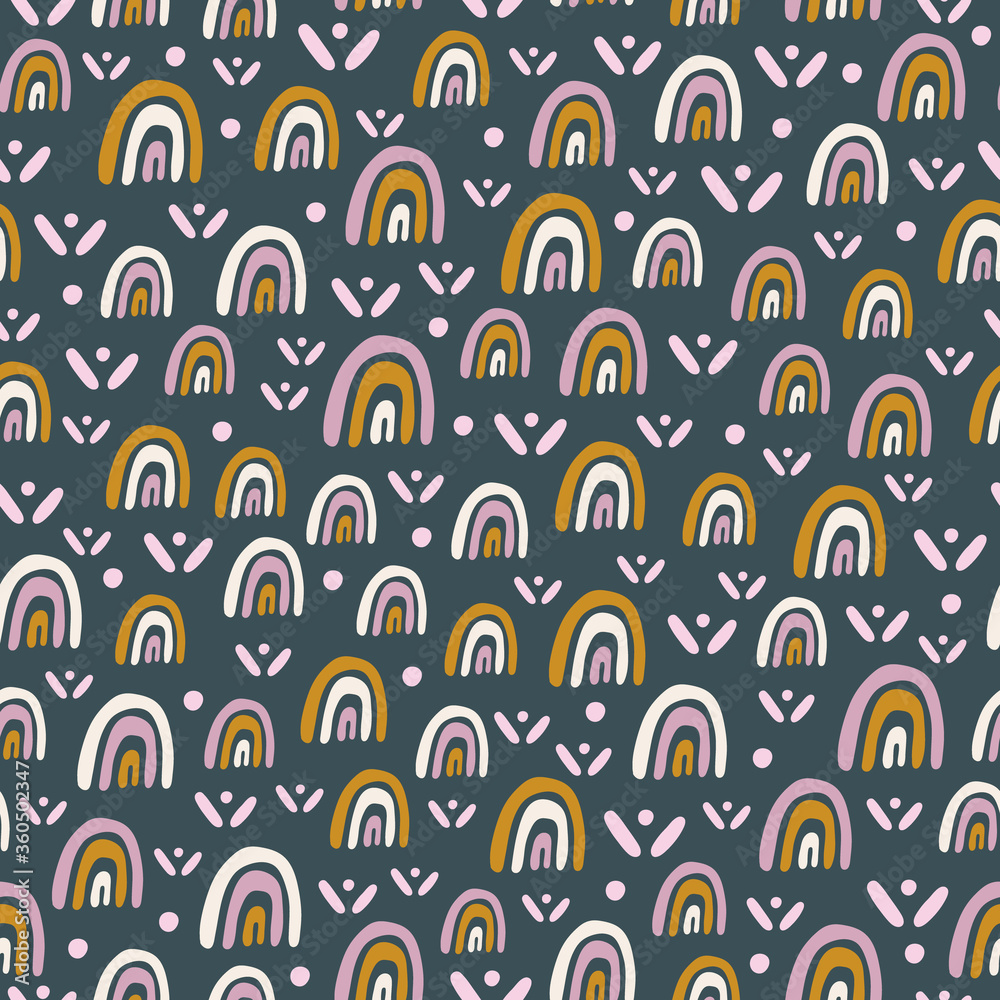 Vector seamless pattern with hand drawn rainbows and doodle elements on ...