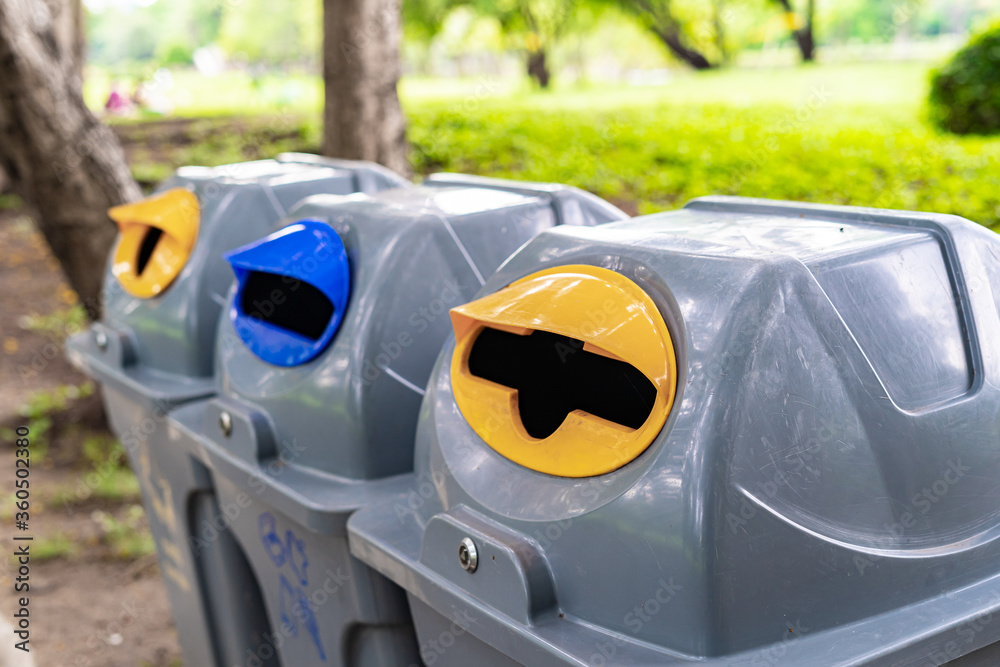 Row of Waste bin for Recycling Waste. Each bin is separated type of ...