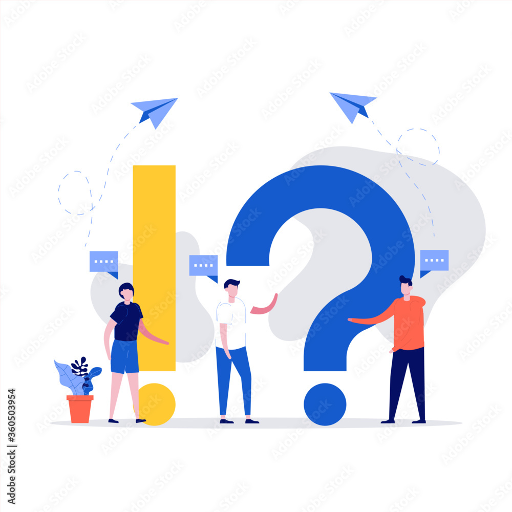 Frequently asked questions concept. Young woman and man with question ...