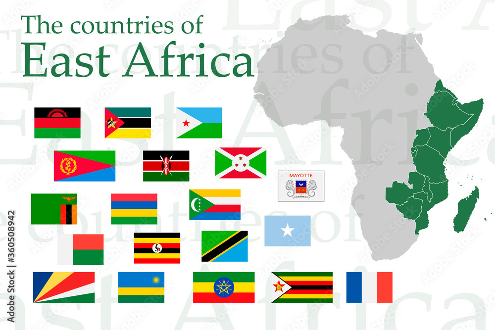 Set of icons for East Africa flags. Vector image of flags and maps of ...