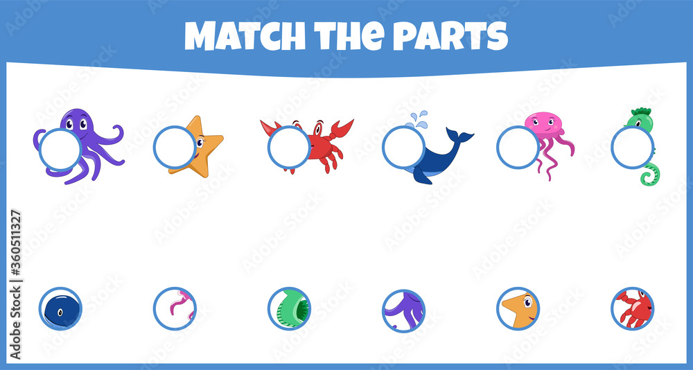 Educational game. Match the parts. Match parts of sea creatures ...