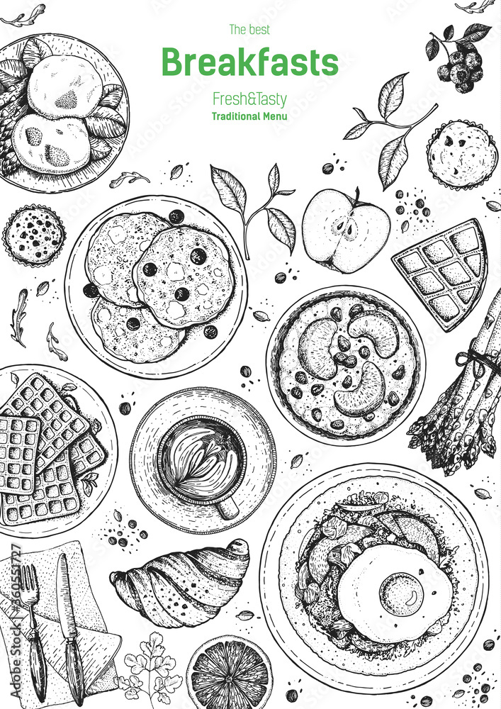 Breakfasts top view frame. Morning food menu design. Breakfast and ...
