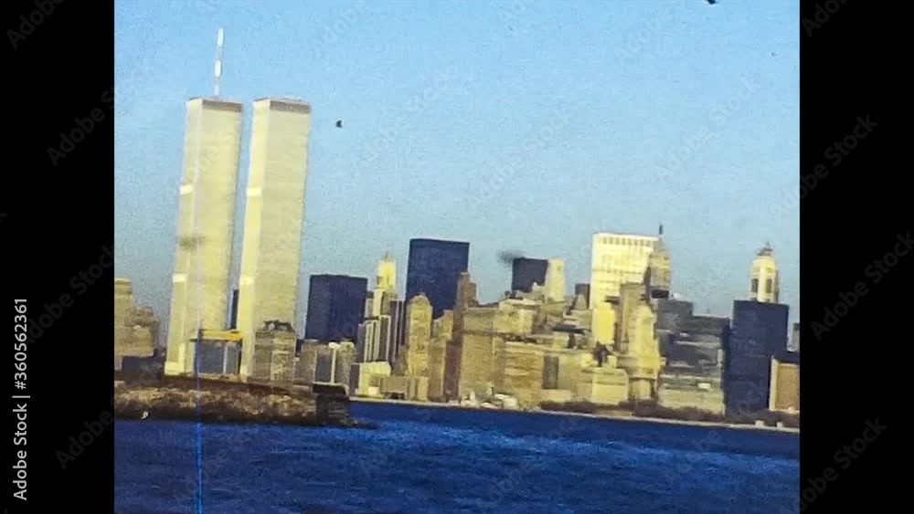 NEW YORK 1975: Cityscape of the world trade center seen from the Hudson ...