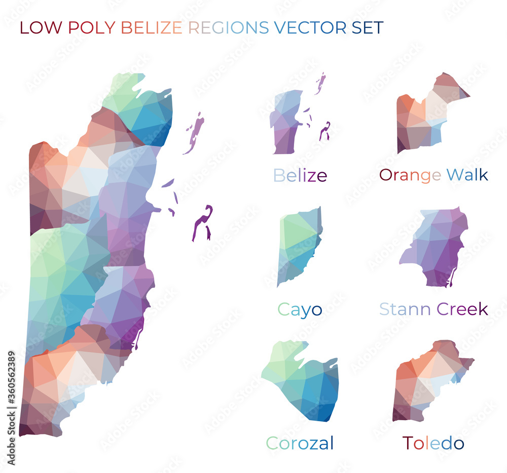 Belizean low poly regions. Polygonal map of Belize with regions ...