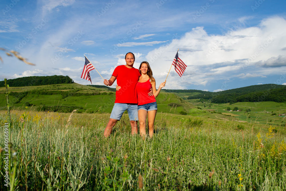 Young smiling American couple family man, woman, girlfriend holding ...