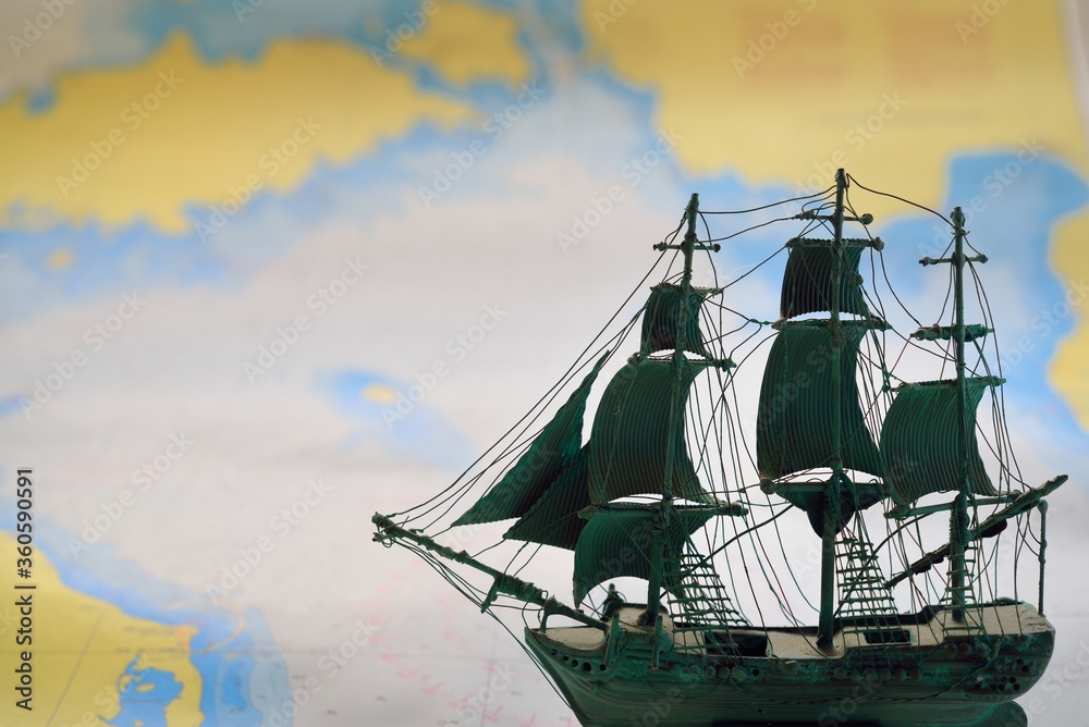 Vintage scale model of the historical tall ship and old white nautical ...