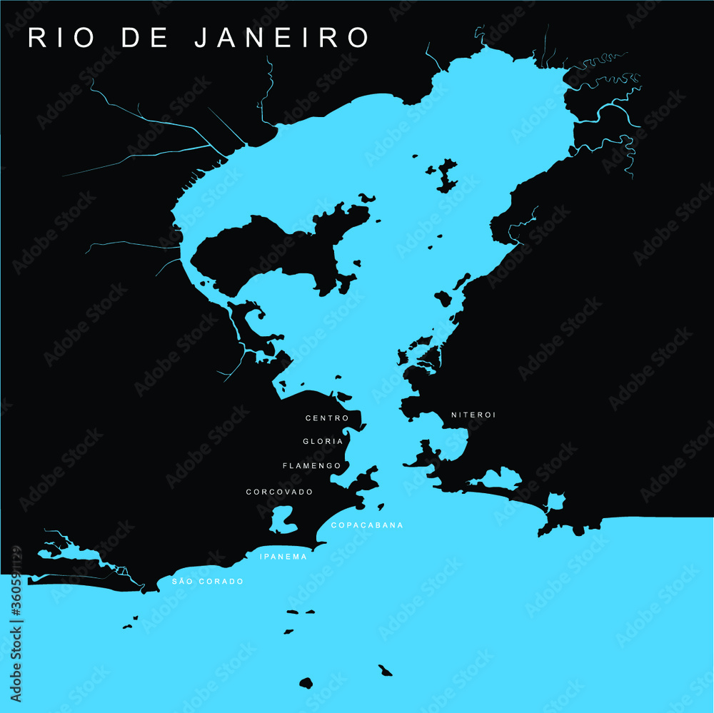 Vector Map of the Bay of Rio de Janeiro in Brazil in blue and black ...