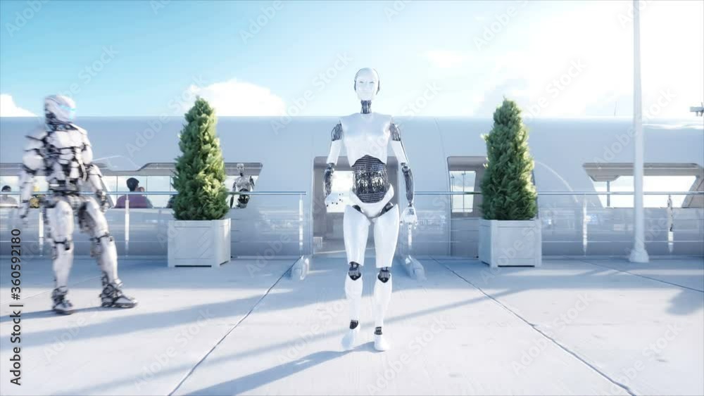 Female robot walking. Sci fi station. Futuristic monorail transport ...