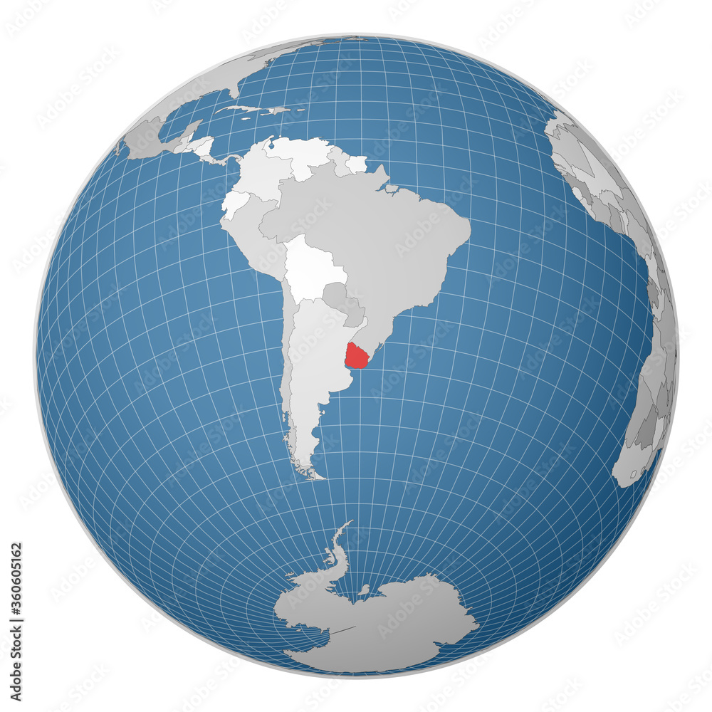 Globe centered to Uruguay. Country highlighted with green color on ...