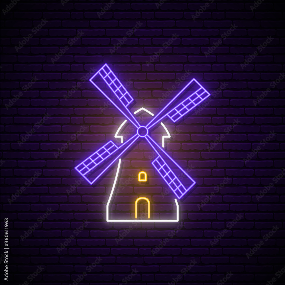 Neon windmill signboard. Glowing retro mill emblem on brick wall ...