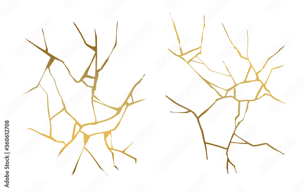 Golde kintsugi crack vector isolated elements. Golden texture. Broken ...
