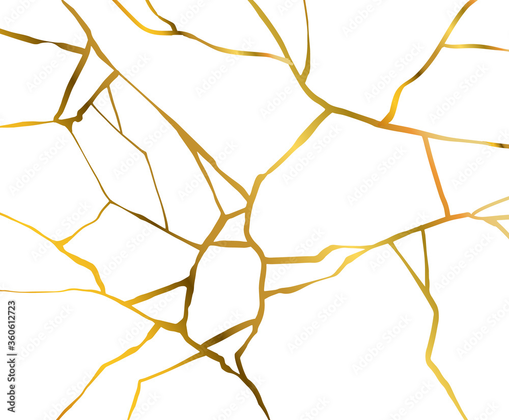 Gold kintsugi crack vector card on white background. Golden texture ...