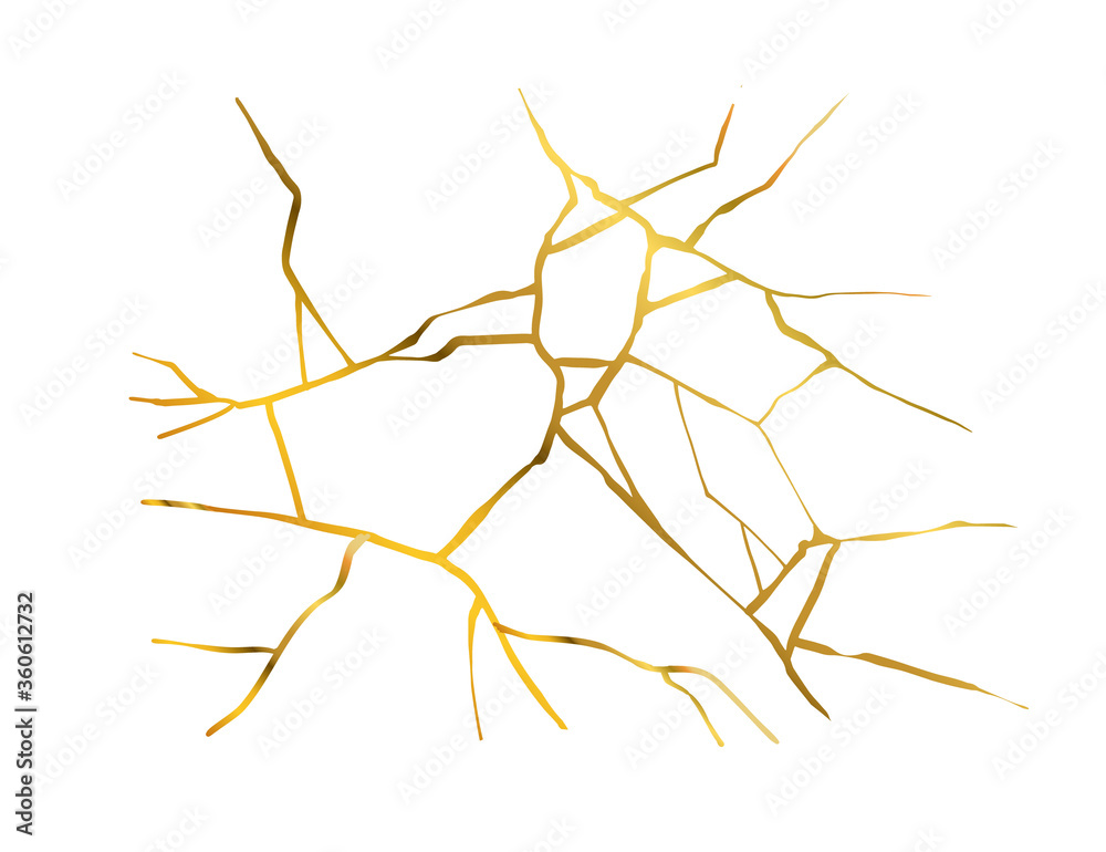 Gold kintsugi crack vector golden isolated element texture. Broken ...