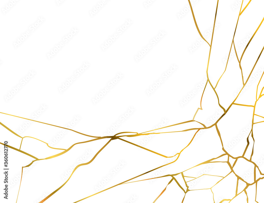 Gold kintsugi crack vector card on white background. Golden texture ...