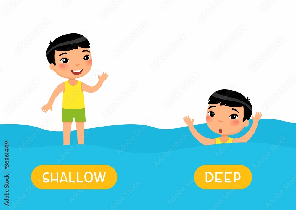 Opposites, DEEP and SHALLOW words. Little asian boy swimming cartoon ...