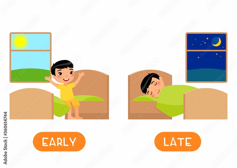 LATE and EARLY antonyms flashcard flat vector template. Opposites ...