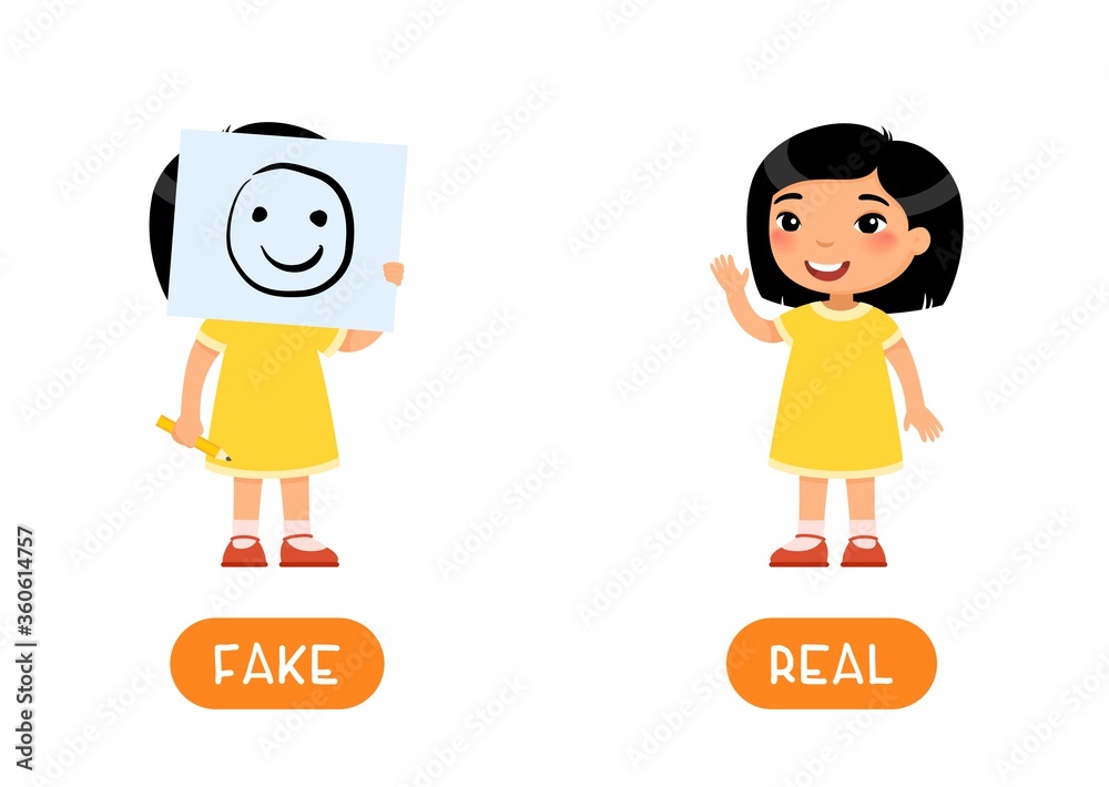 REAL and FAKE antonyms word card vector template. Opposites concept ...