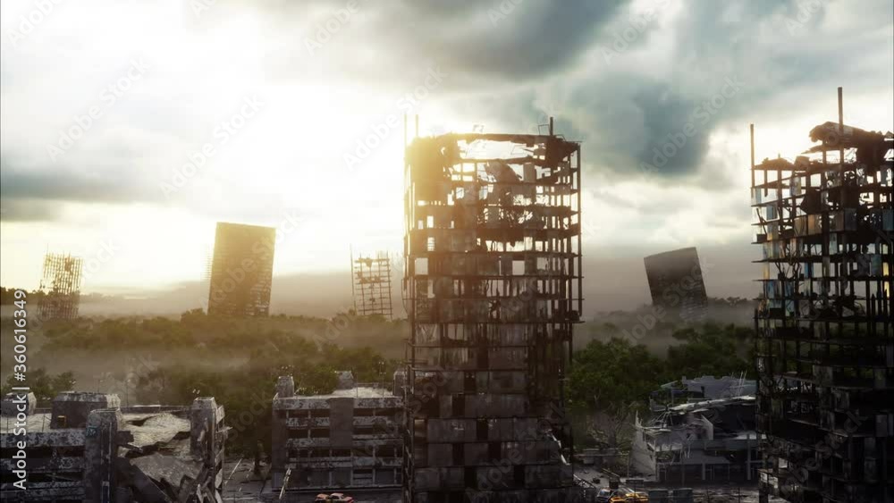 Apocalypse city in fog. Aerial View of the destroyed city. Apocalypse ...