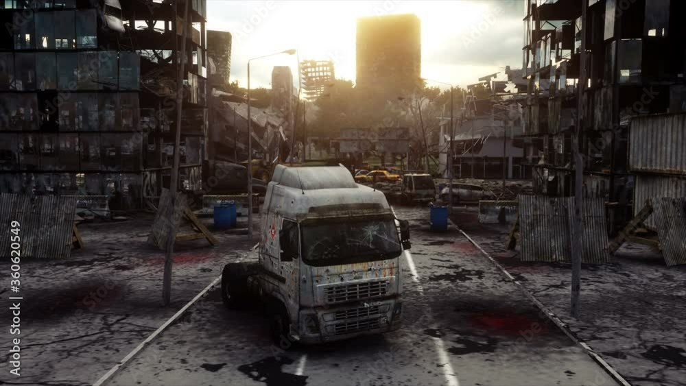 Apocalypse city in fog. Aerial View of the destroyed city. Apocalypse ...