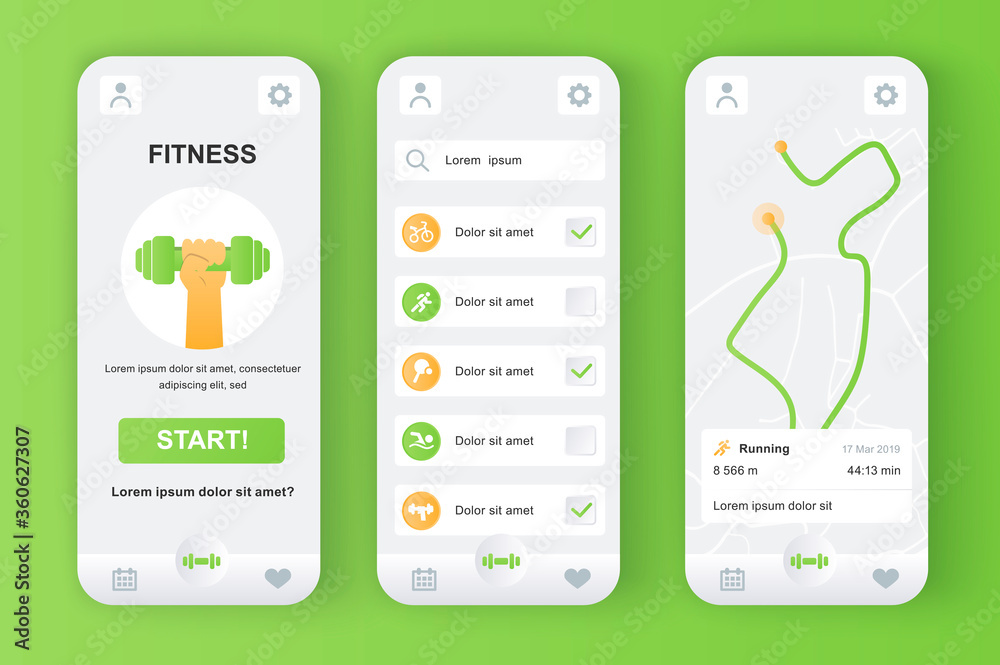 Fitness monitor unique neomorphic design kit for mobile app. Personal ...
