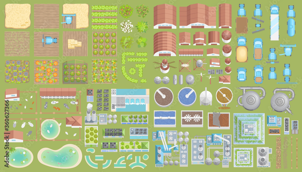 Vector set. Green city. Top view. Ecological technologies. Buildings ...