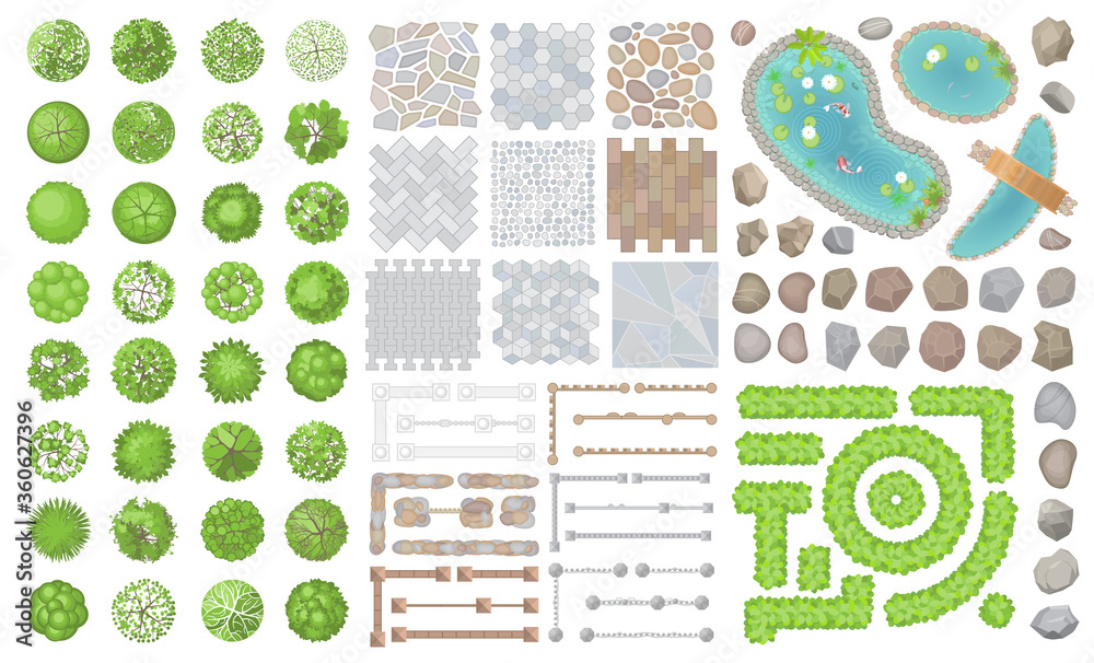 Set of park elements. (Top view) Collection for landscape design, plan ...