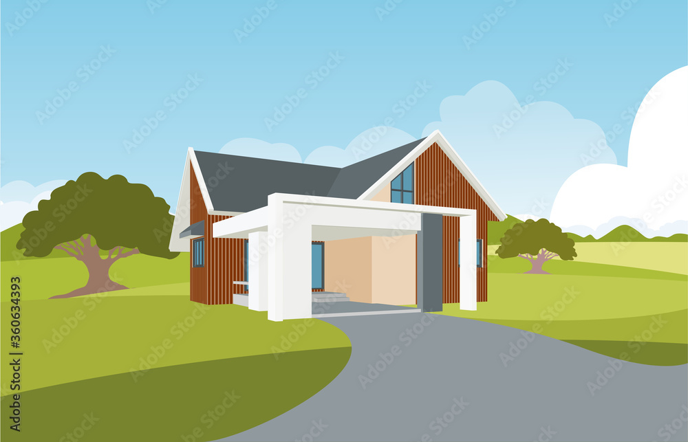 Vector color paint perspective of tropical modern house exterior.Single ...