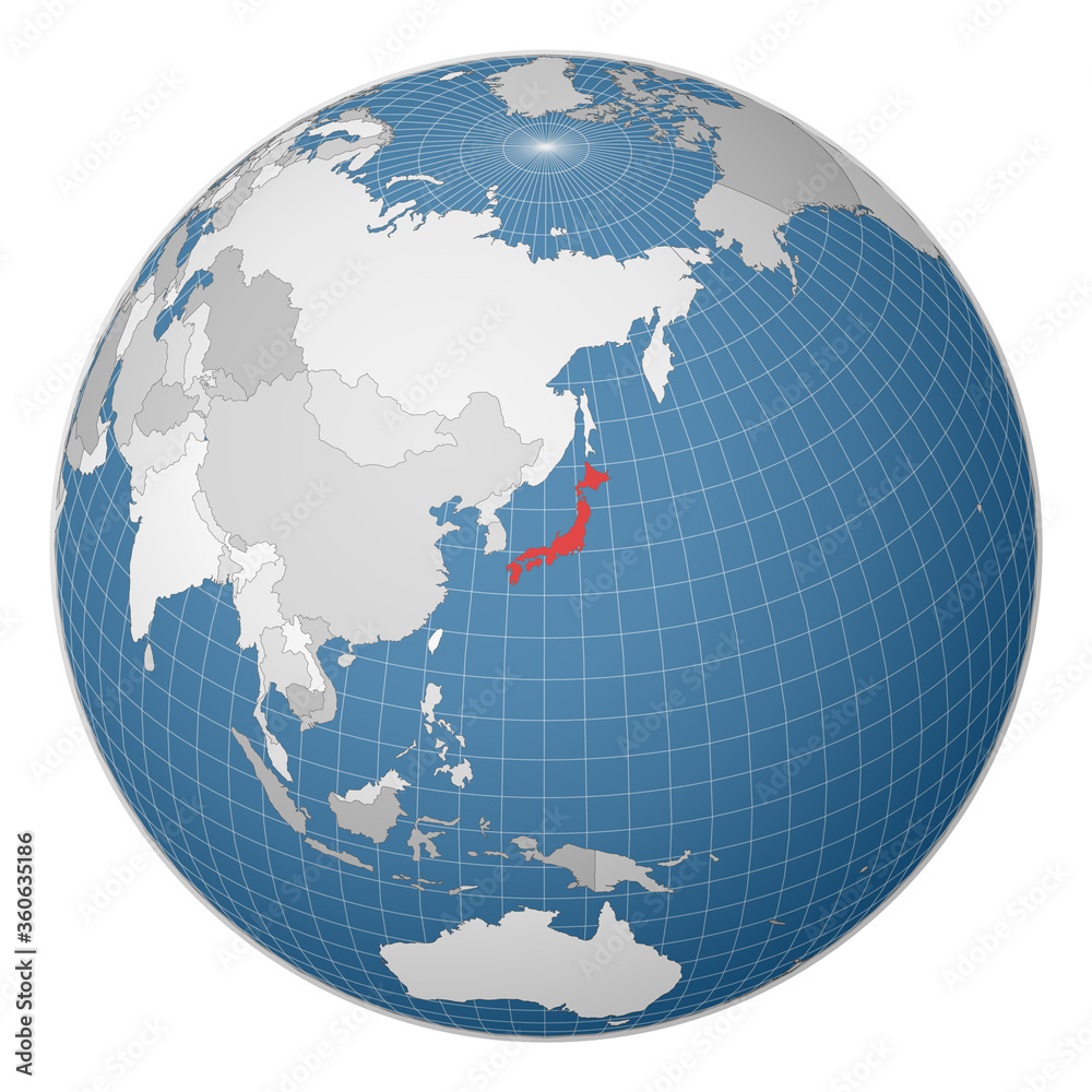 Globe centered to Japan. Country highlighted with green color on world ...