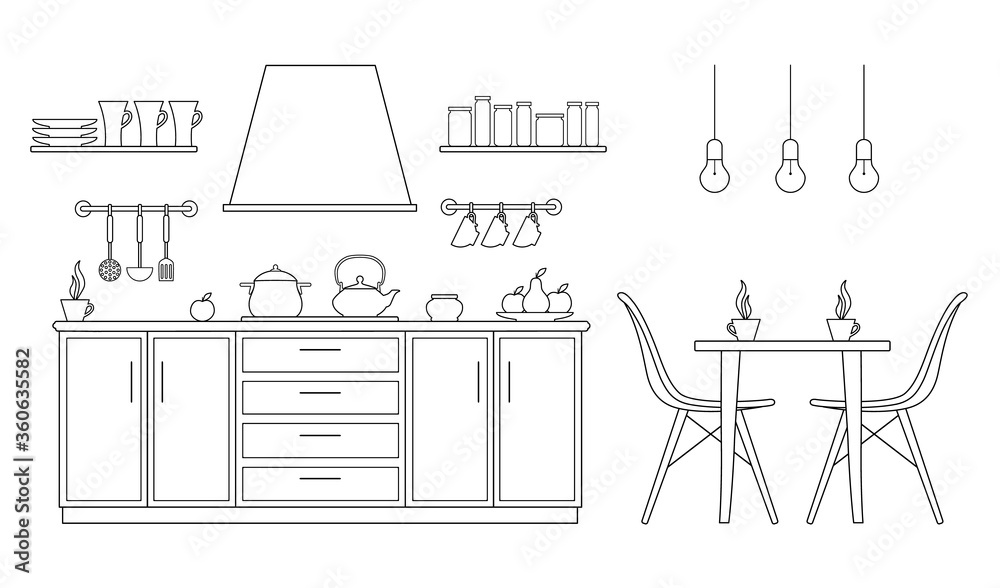 Outline interior. Kitchen and dining room with furniture in a linear ...