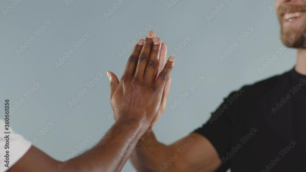 White hand and black hand are given the five stop racism all people are ...