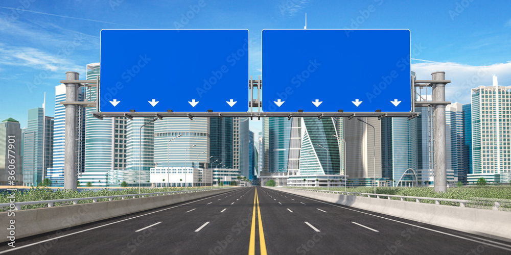 Blank road signs on a highway to city downtown with skyscrapers. Stock ...