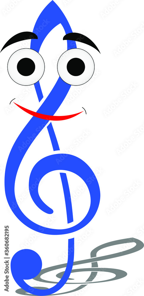 Blue treble clef with eyes and mouth. Cartoon style. Shadow. Vector ...