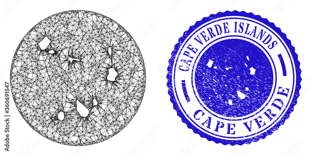 Mesh stencil round Cape Verde Islands map and grunge seal stamp. Cape ...