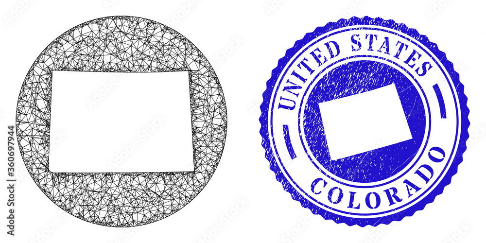 Mesh hole round Colorado State map and grunge seal stamp. Colorado ...