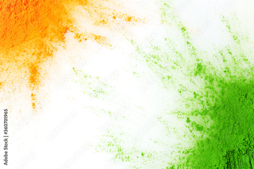 Orange and green color powder splash. Concept for India independence ...