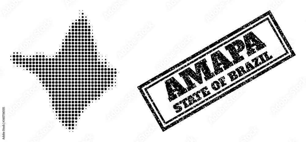 Halftone map of Amapa state, and grunge seal stamp. Halftone map of ...
