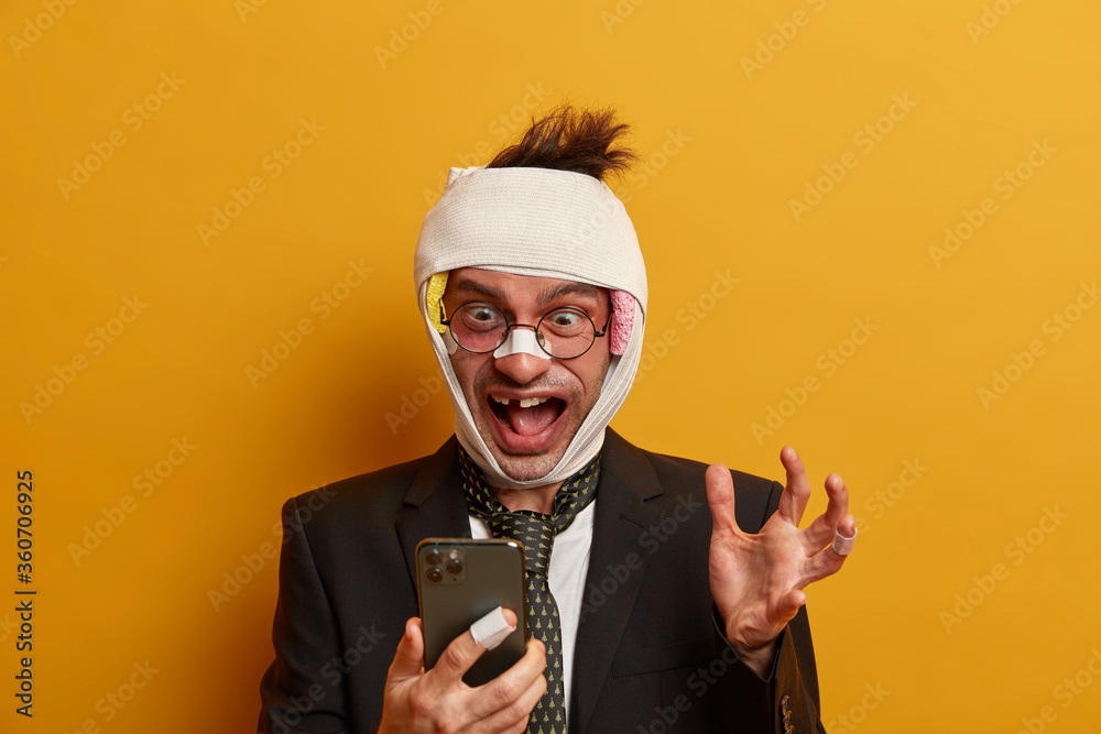Health restrictions and medical insurance concept. Funny disabled man ...
