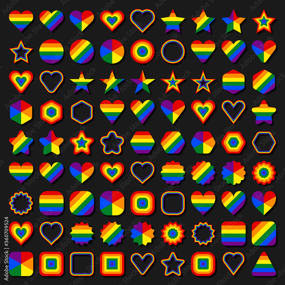 LGBT flag shapes. Forms of circle, star, hexagon, heart, square ...