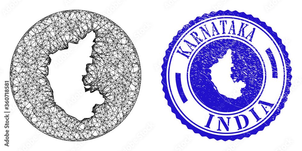 Mesh hole round Karnataka State map and grunge stamp. Karnataka State ...