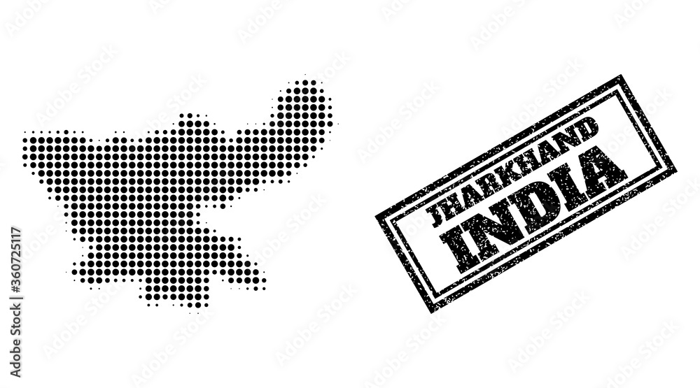Halftone map of Jharkhand State, and scratched seal stamp. Halftone map ...