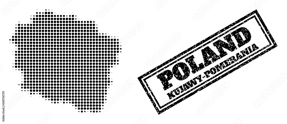 Halftone map of Kujawy-Pomerania Province, and scratched watermark ...