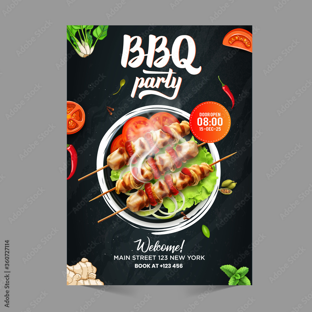 BBQ poster flyer pamphlet brochure cover design with photo background, vector illustration ...