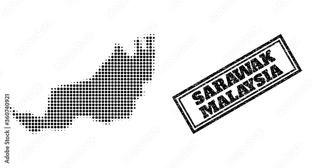 Halftone map of Sarawak, and rubber watermark. Halftone map of Sarawak designed with small black ...