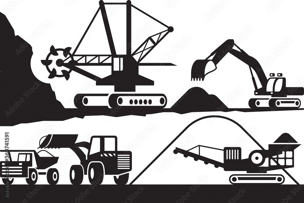 Extraction and processing of ore from open pit - vector illustration ...